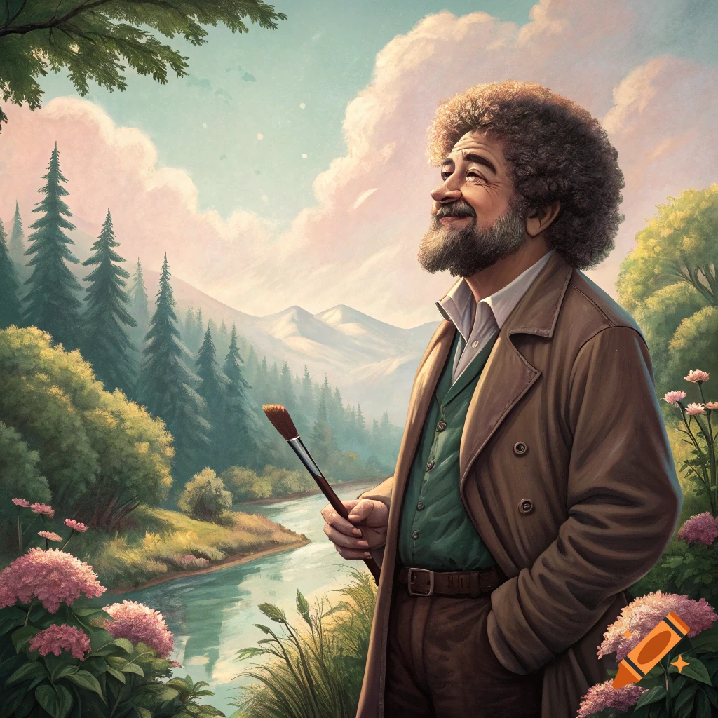 Bob Ross smiles, holding a paintbrush in a serene landscape with a ...