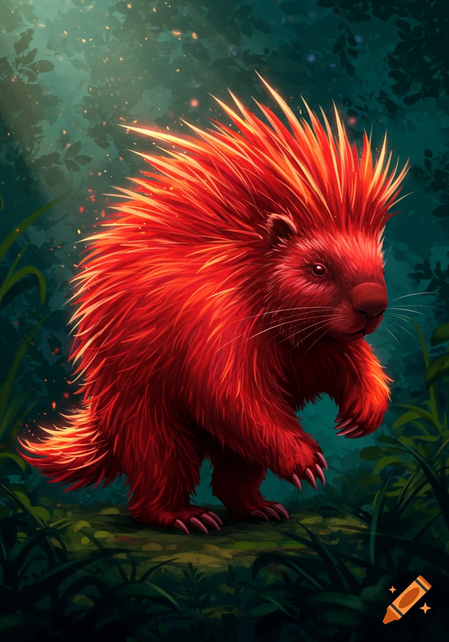 A vibrant red porcupine with bright quills stands in a lush green ...