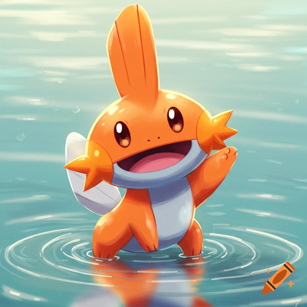 A cute orange Mudkip, a Pokémon, stands in light blue water with ...
