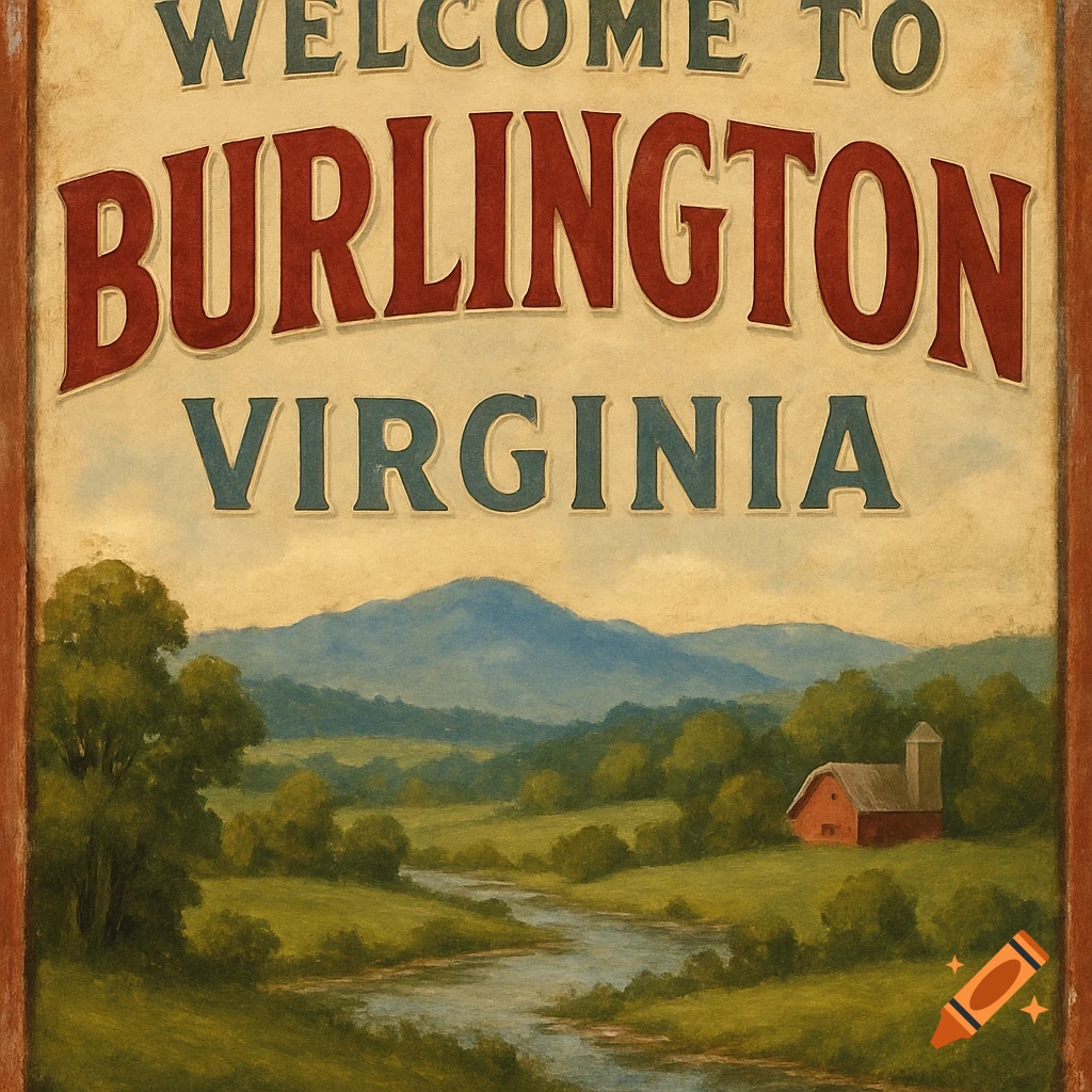 Vintage-style travel poster for Burlington, Virginia, showing a ...