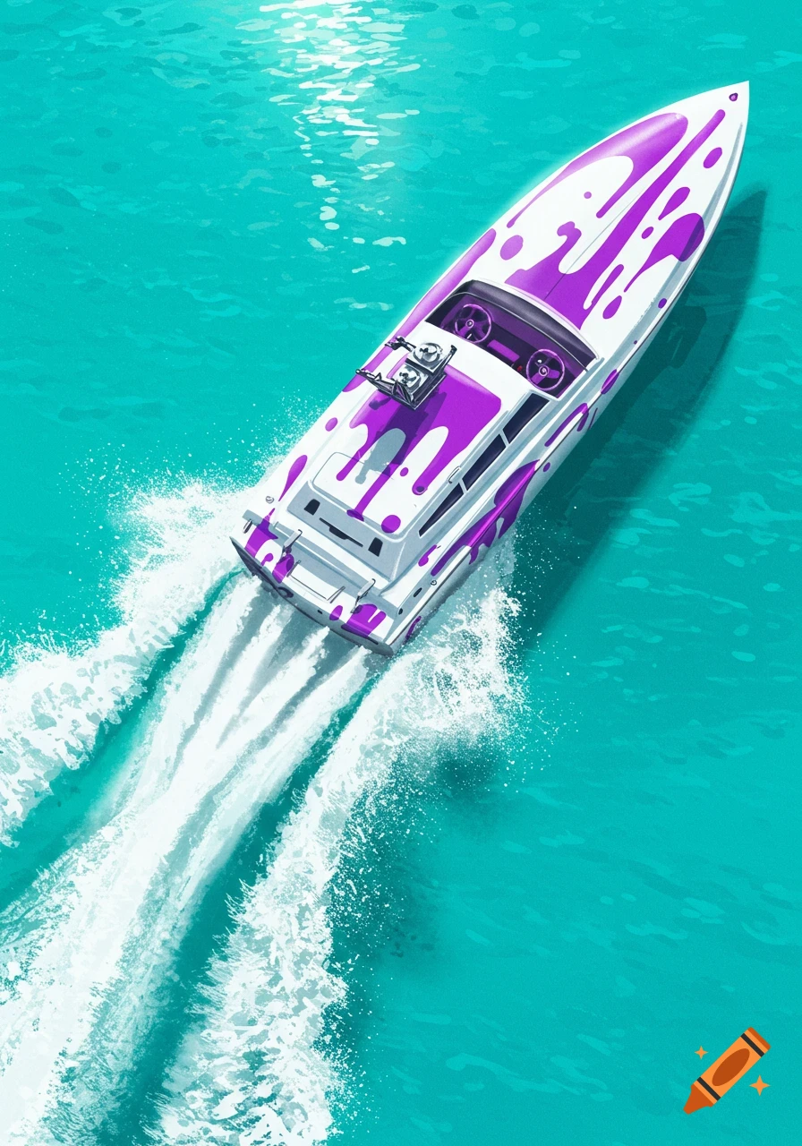 A white speed boat with purple splatter paint zips across turquoise ...