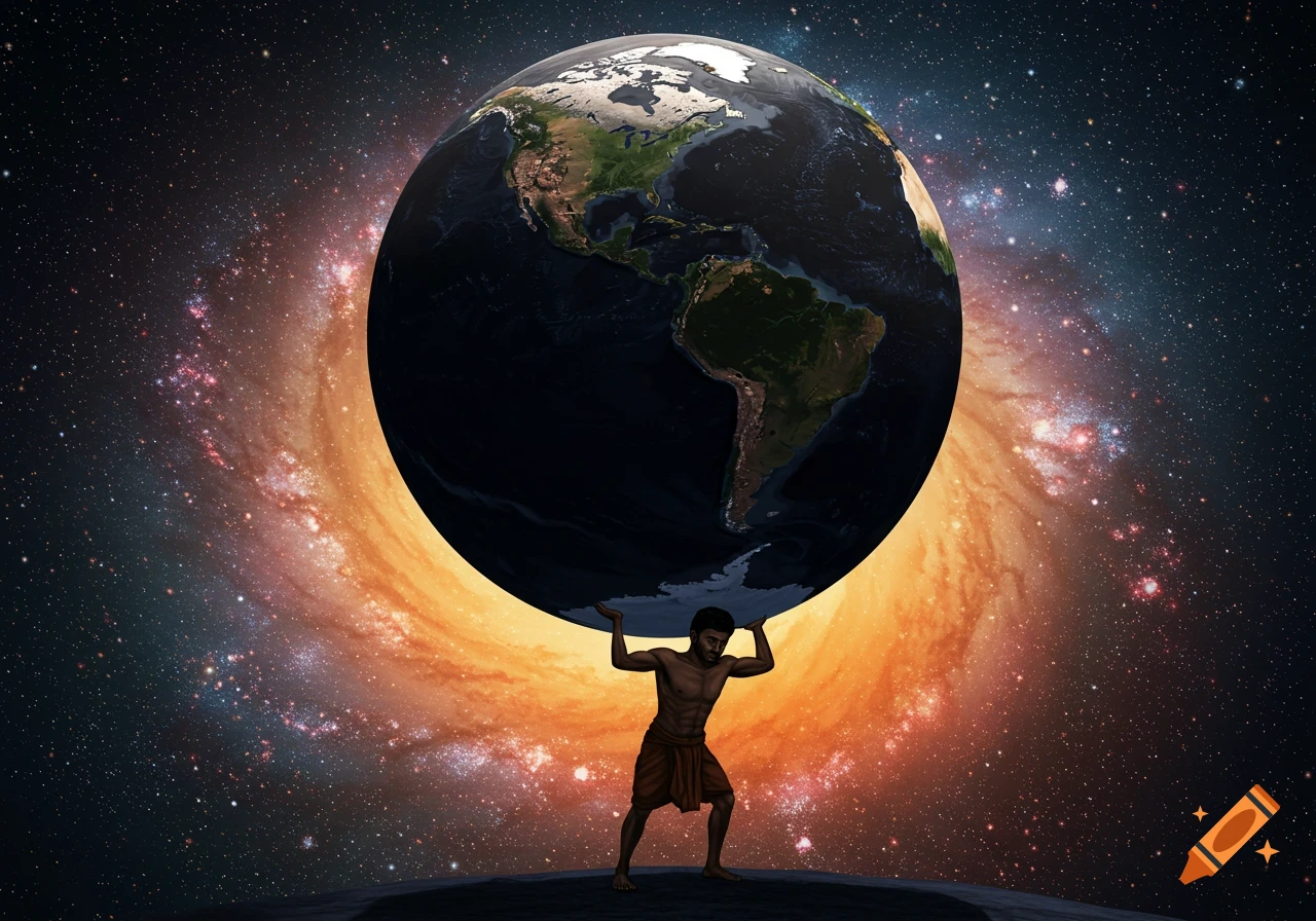 A muscular man holds the Earth on his shoulders in front of a colorful ...
