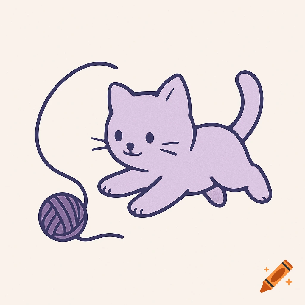 A cute lavender cartoon kitten in mid-leap, playing with a dark purple ...
