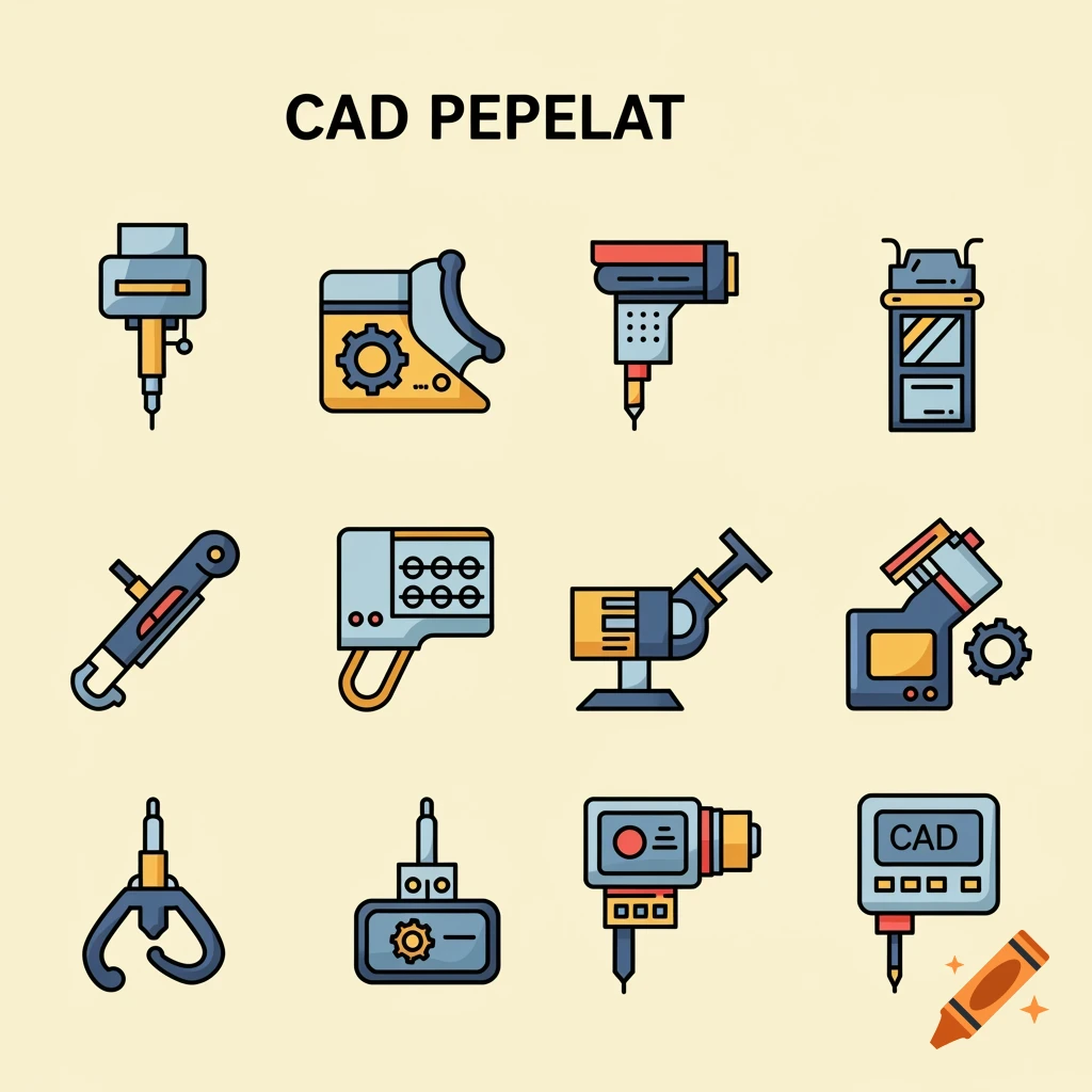 A grid of twelve stylized icons representing various CAD and mechanical ...