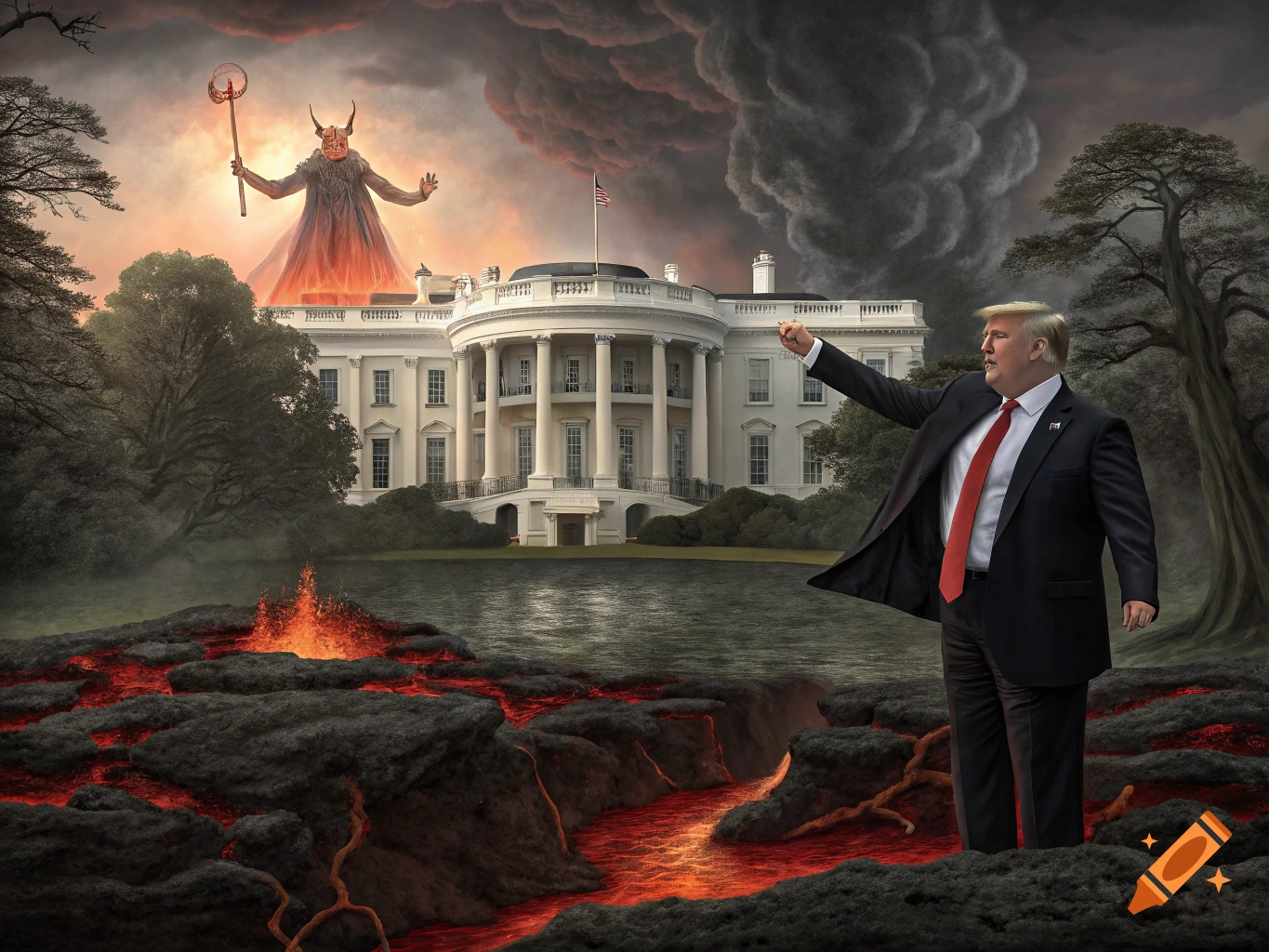 Donald Trump stands on a lava-filled landscape, gesturing toward a ...