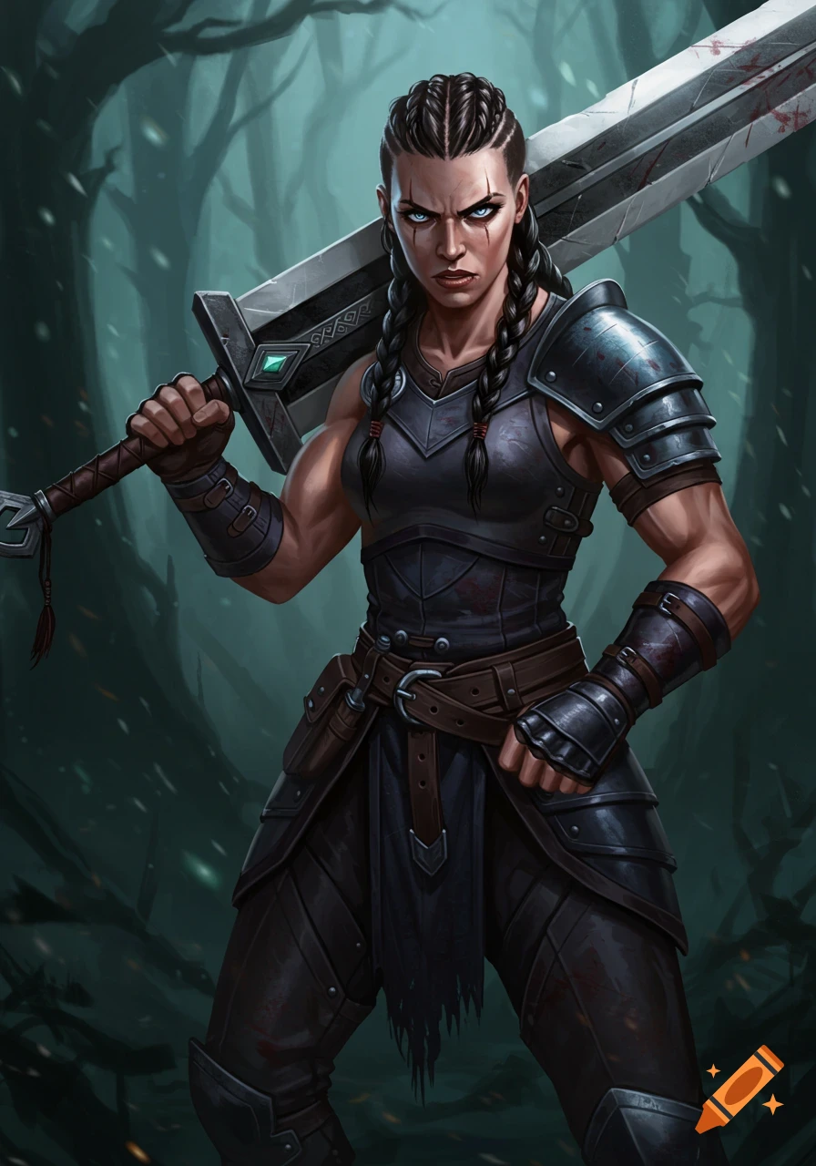A powerful female warrior with braided hair and armor, holding a greatsword, stands in a dark ...