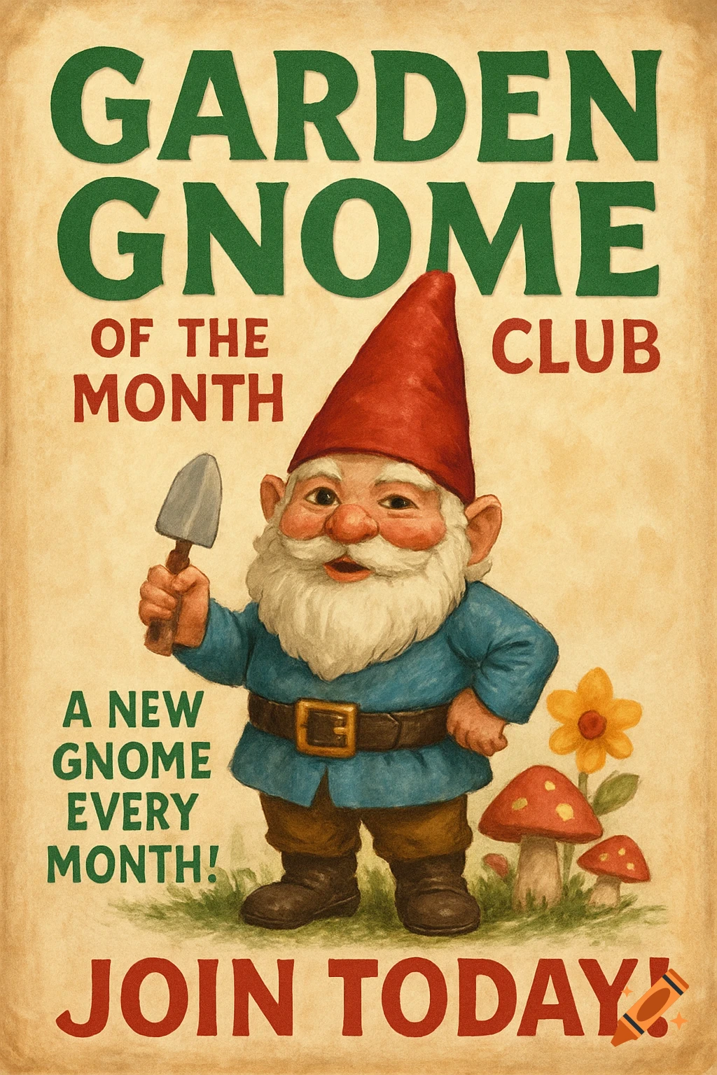 Vintage style advertisement poster for a 'Garden Gnome of the Month ...