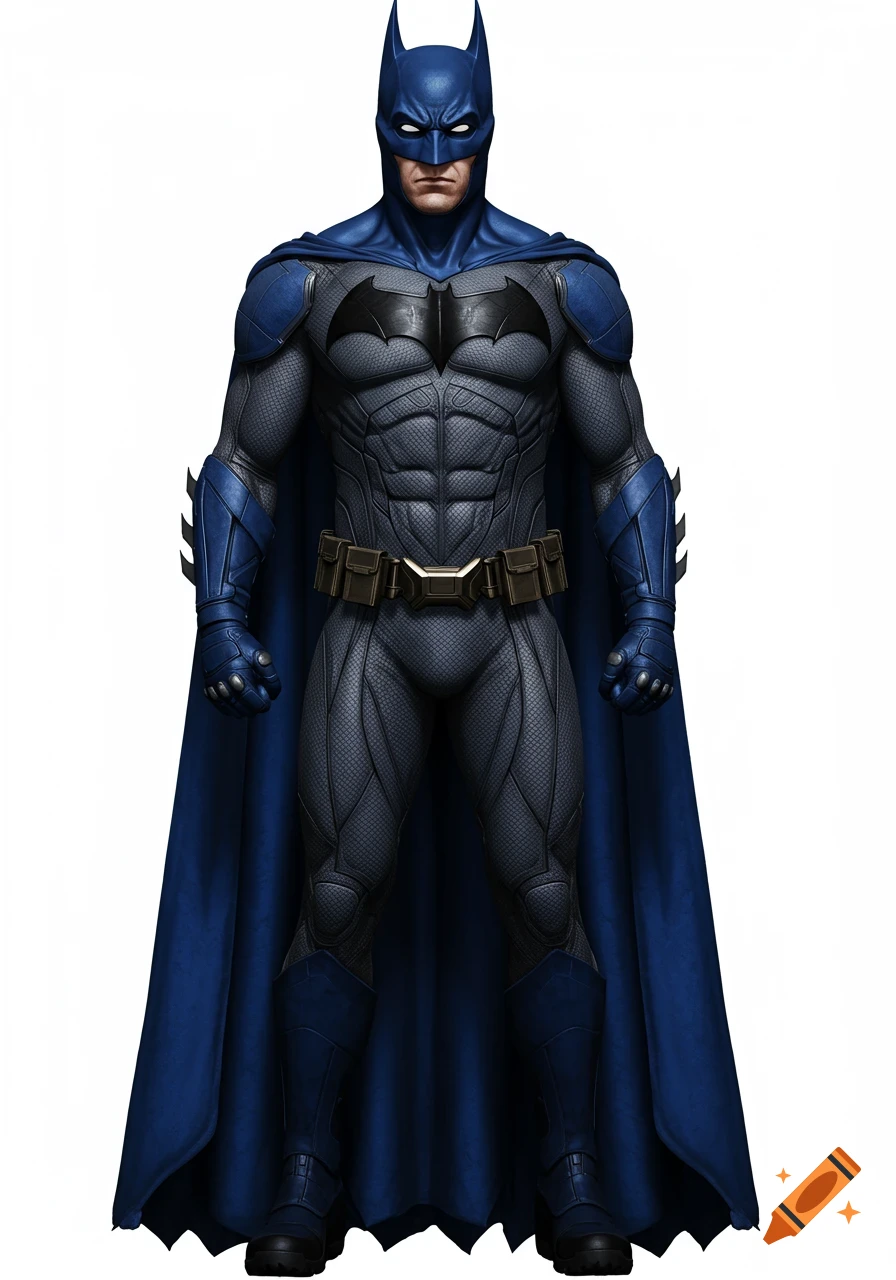 A full-body, hyperrealistic depiction of Batman in a blue and grey suit ...