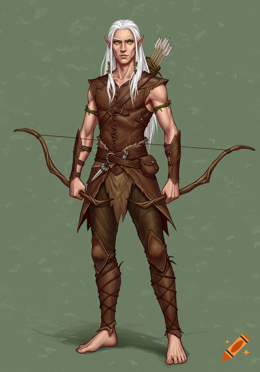 A full-body illustration of a male elf with white hair and green eyes ...