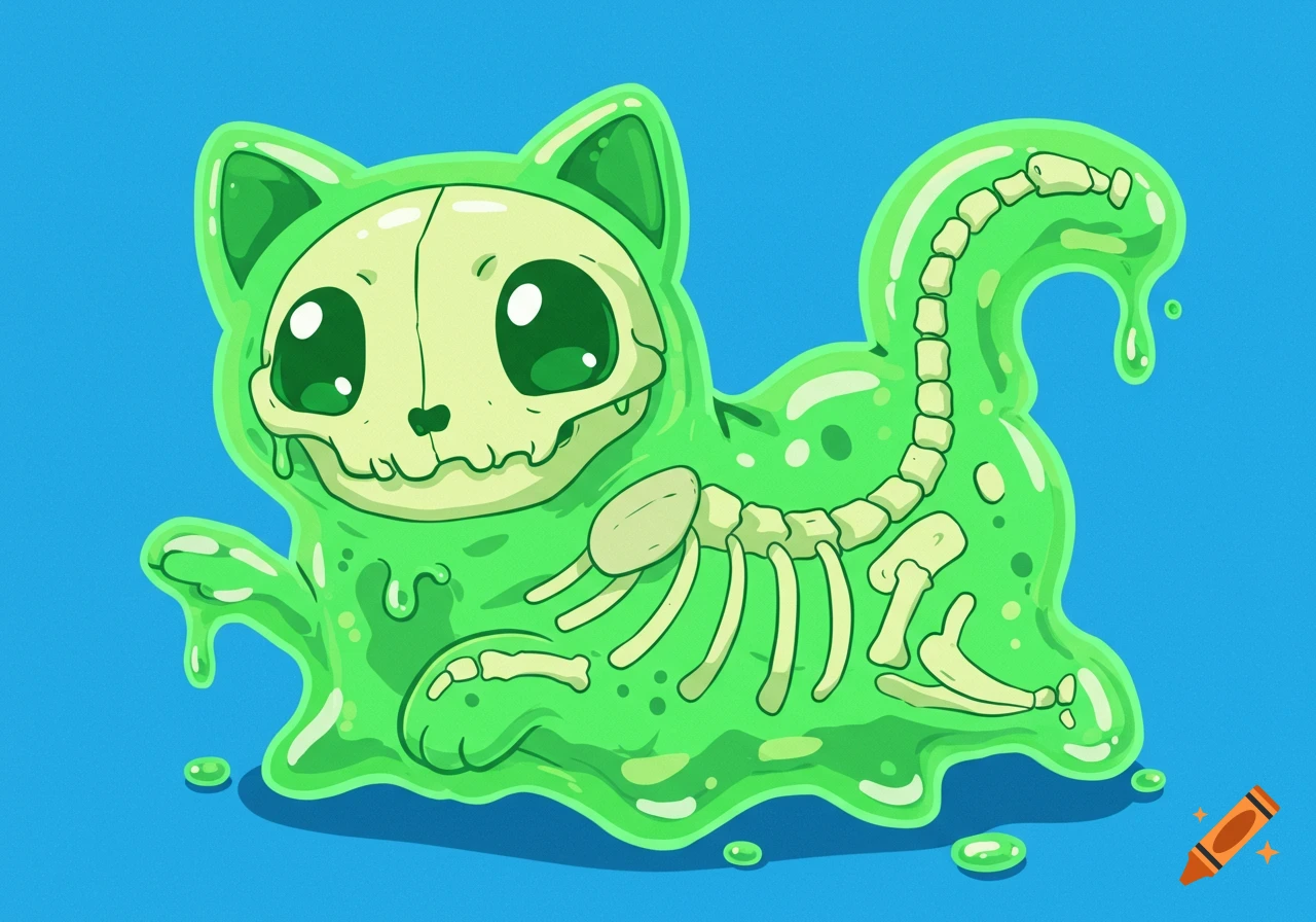 A vibrant green cartoon slime cat with its skeleton visible inside ...