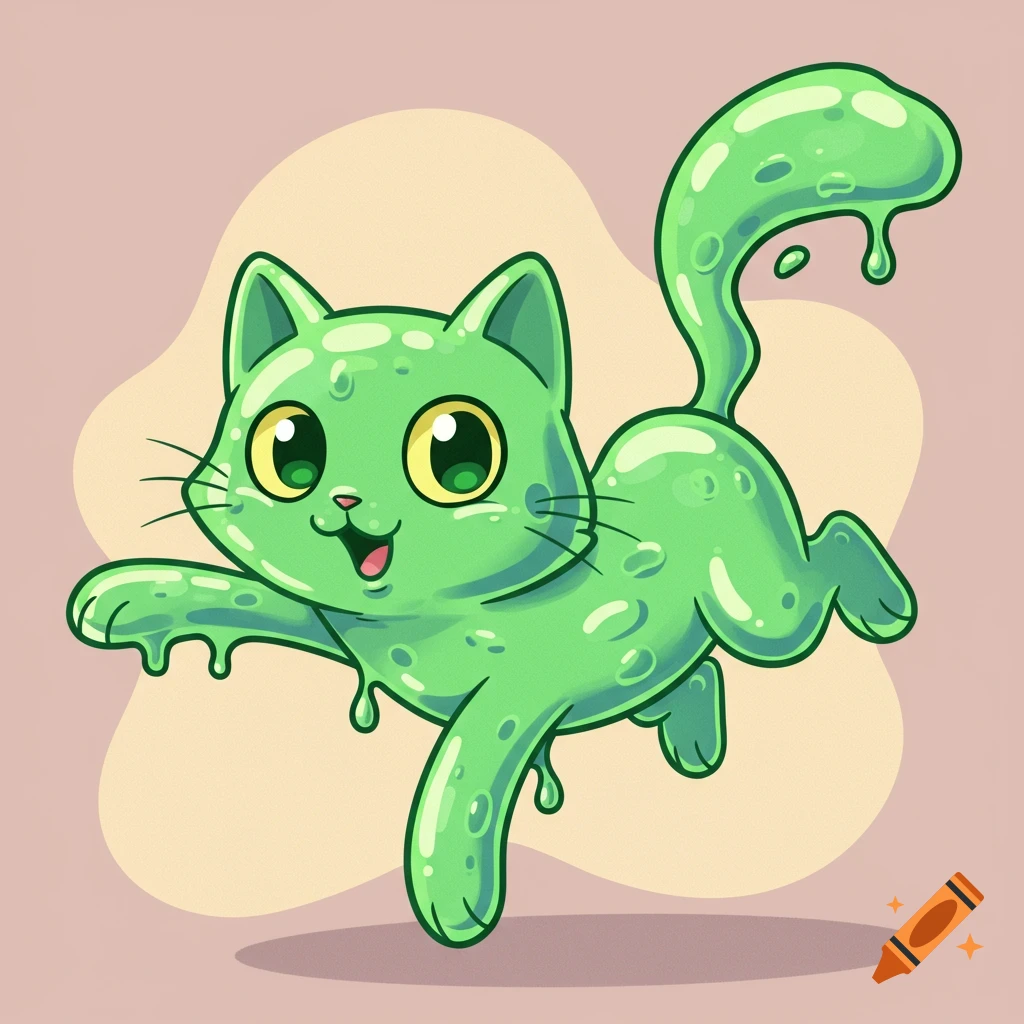 A cute cartoon green slime cat with large yellow eyes and a happy expression, dripping slime. on ...