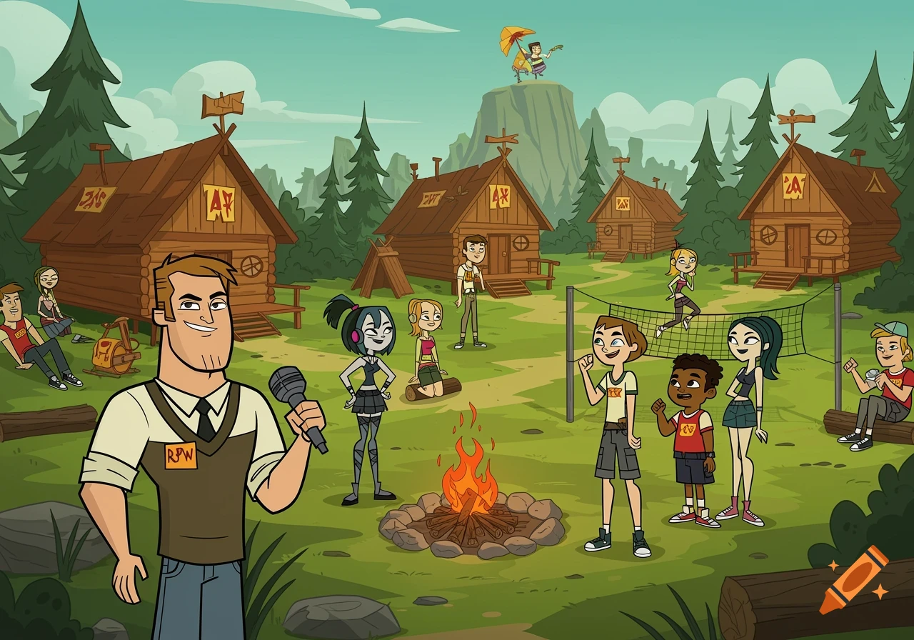 A group of animated characters from Total Drama Island at a summer camp ...