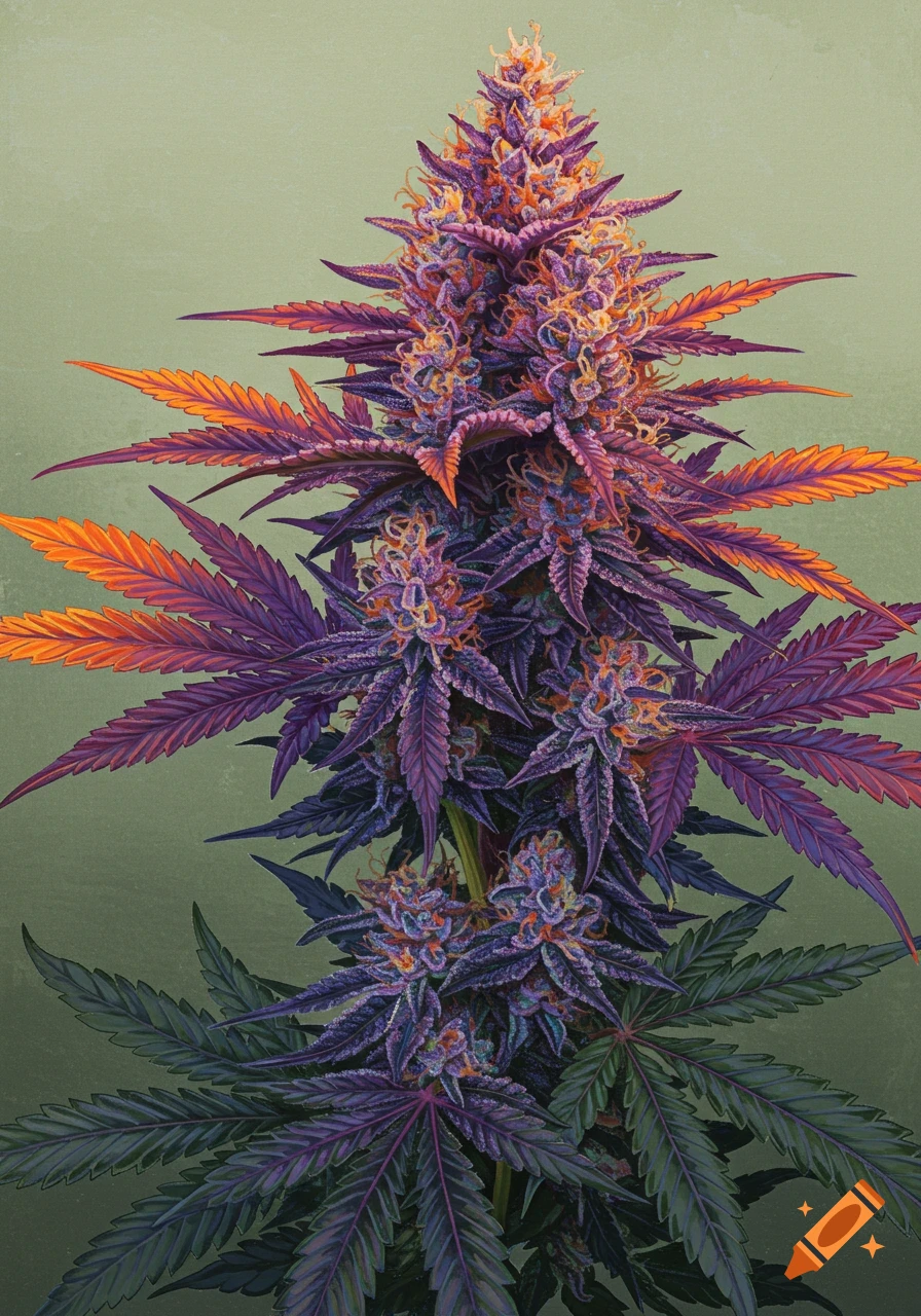 A vibrant cannabis plant with purple and orange buds and leaves against ...