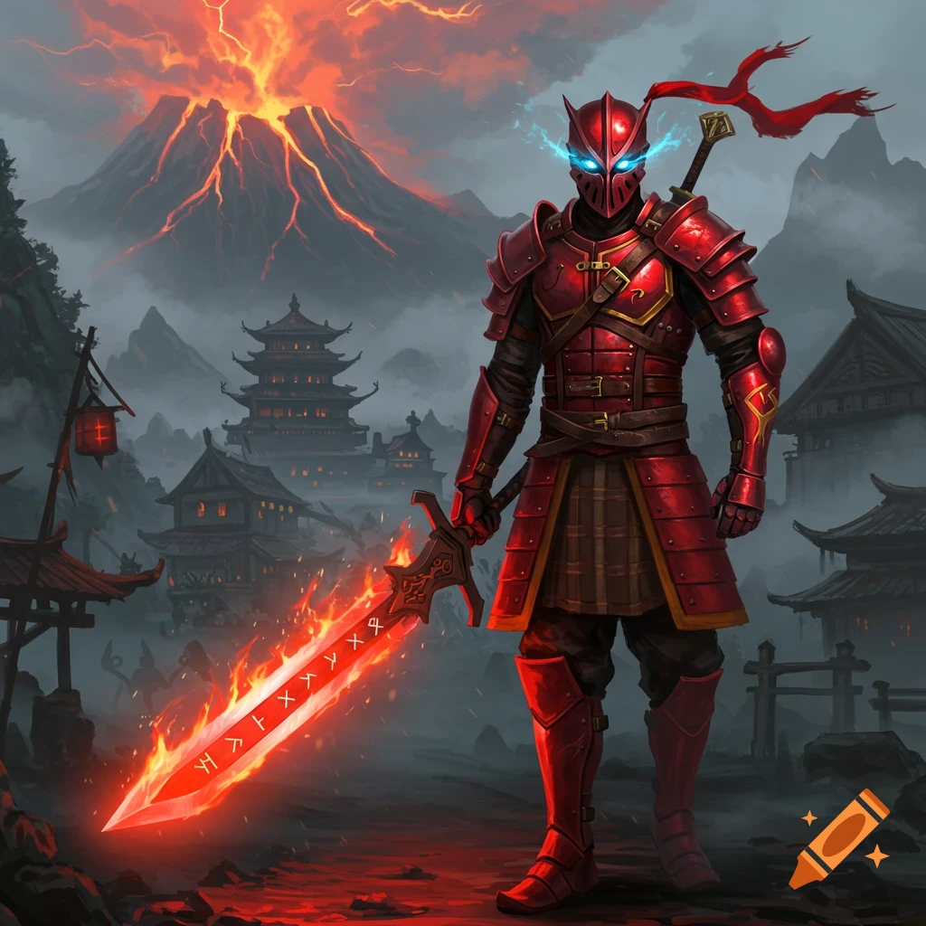 A knight in glowing red armor and blue eyes stands in an Asian village ...