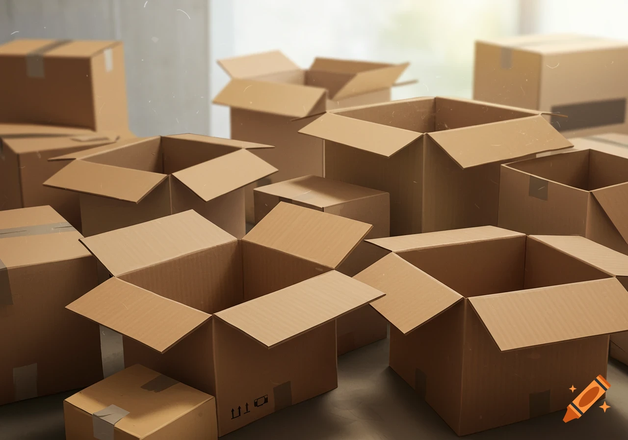 Many open and closed cardboard moving boxes fill a room, suggesting ...