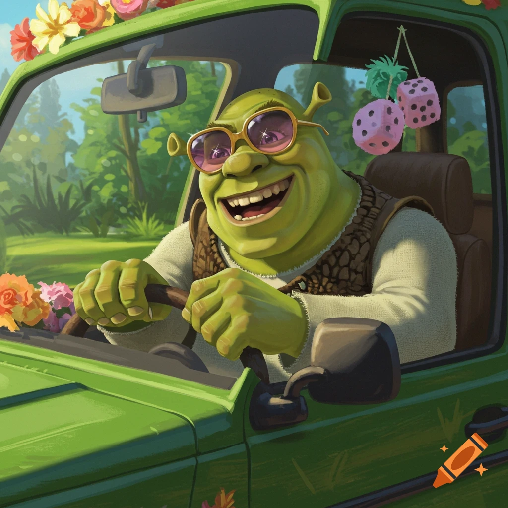 Shrek, wearing sunglasses, happily drives a green car adorned with flowers on a sunny day. on ...