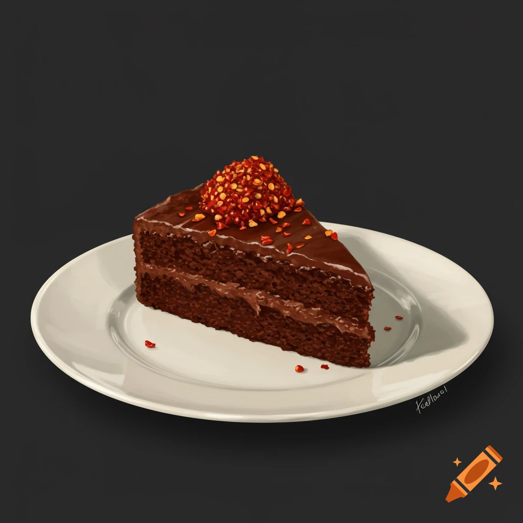 A slice of chocolate cake topped with red chili flakes on a white plate ...