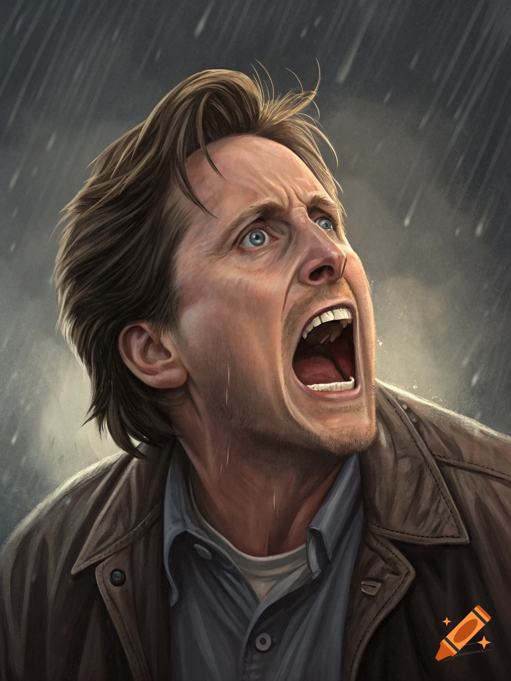 Digital painting of a man resembling Emilio Estevez, screaming in the ...