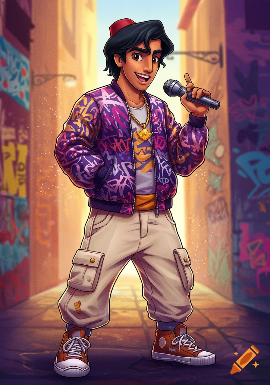 Cartoon illustration of Aladdin dressed as a rapper, holding a ...