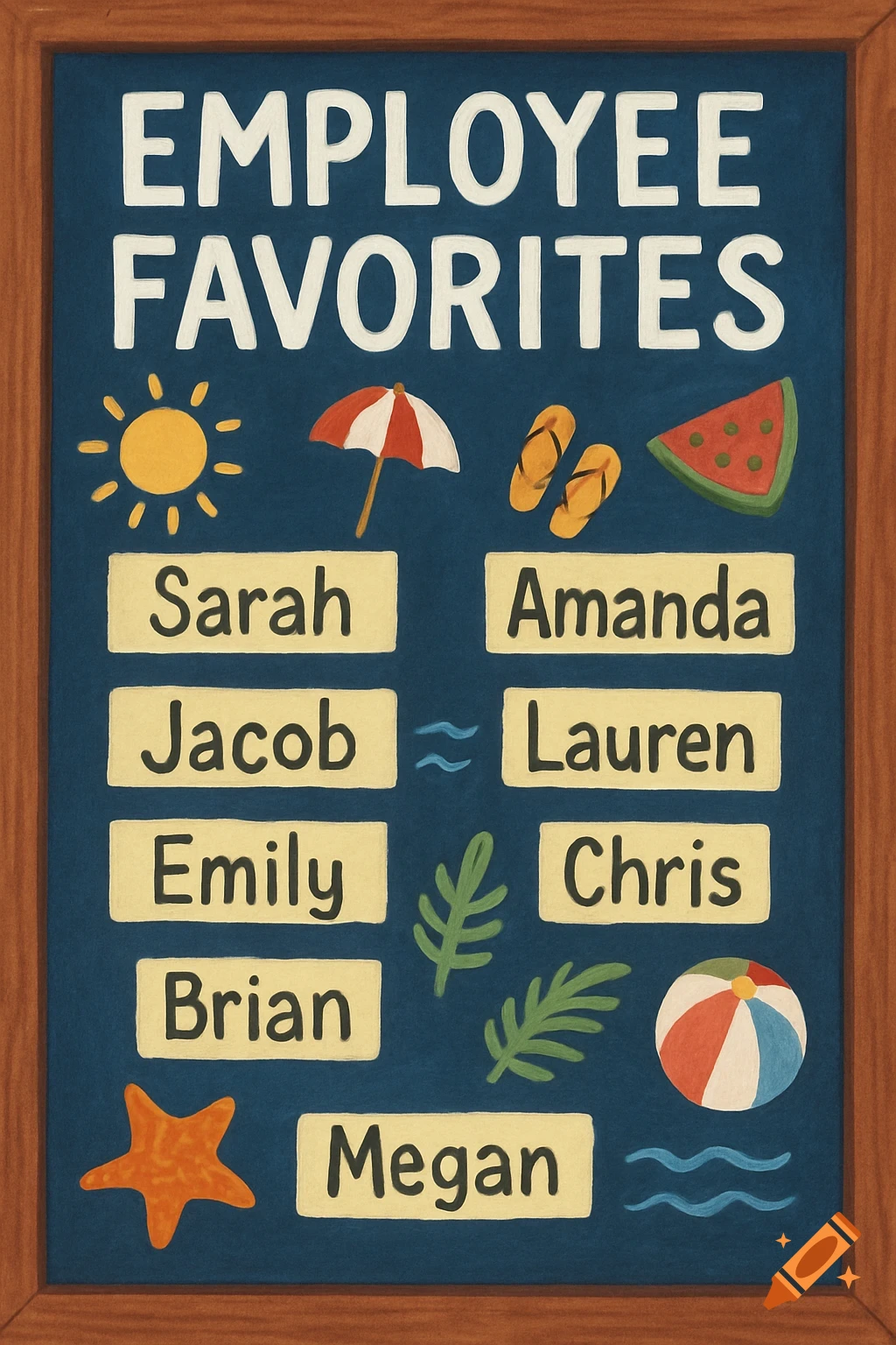 A blue chalkboard titled 'EMPLOYEE FAVORITES' with names like Sarah ...