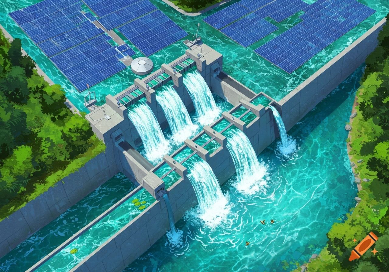 An aerial view of a hydroelectric dam with multiple waterfalls ...