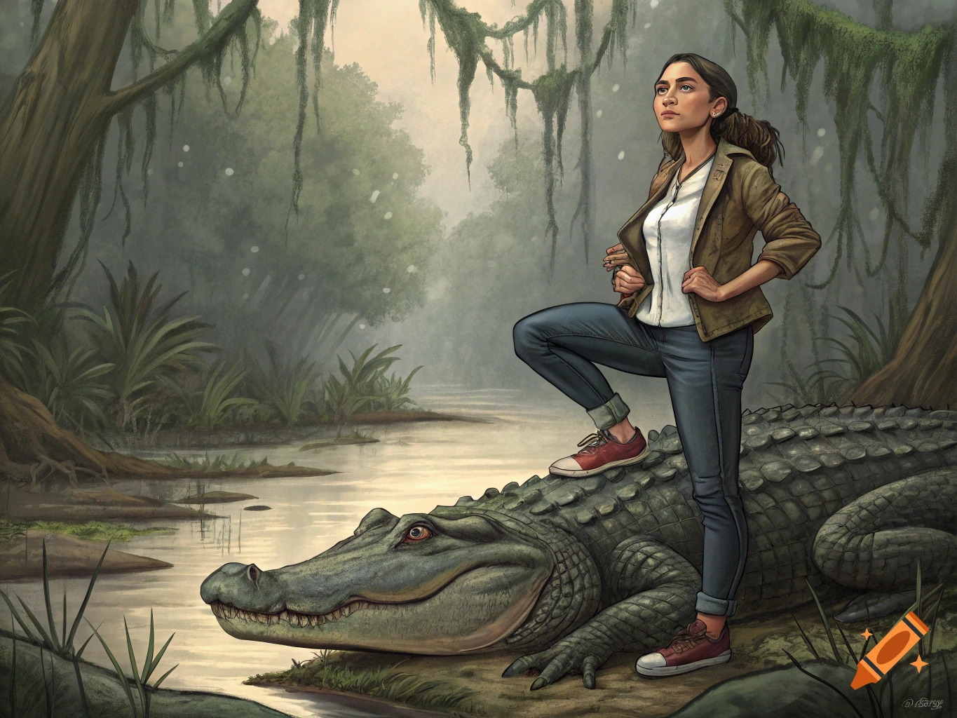 An illustrated image of a woman in a swamp standing with one foot on ...