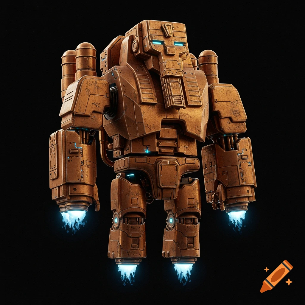 A blocky, bronze-gold mechanical robot god hovers with bright blue jet ...