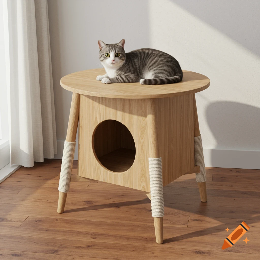 A photorealistic image of a tabby cat resting on a stylish two-tier ...