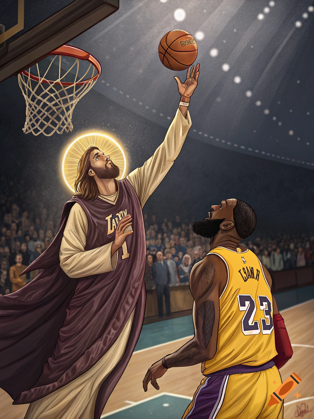 Illustration of Jesus Christ, with a halo, reaching for a basketball as ...