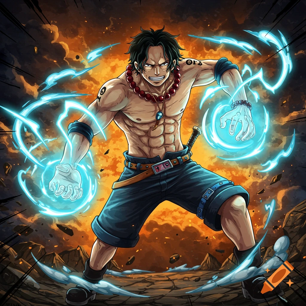 Anime-style character Portgas D. Ace standing with blue electricity ...