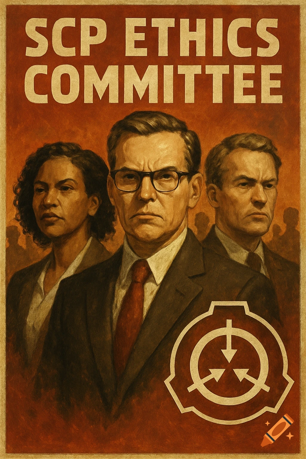 Propaganda poster for the SCP Ethics Committee, featuring three stern ...