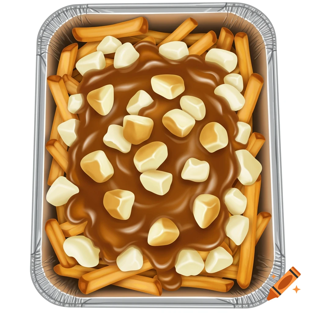 A classic Quebec poutine in an aluminum tray, with golden fries, white ...