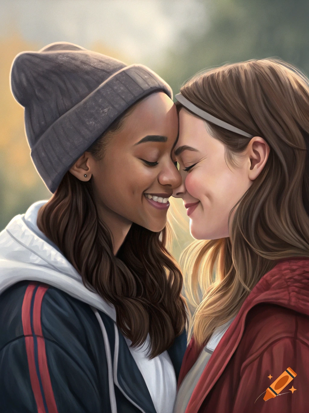 Two smiling women in a warm embrace, nuzzling noses, with one wearing a ...