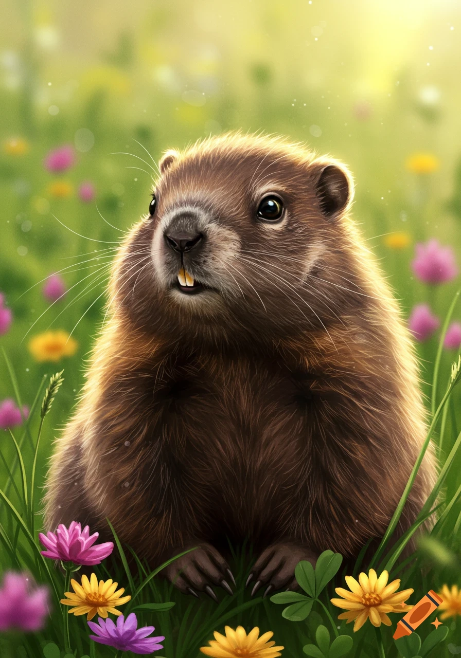 A cute brown groundhog with prominent front teeth sits among green ...