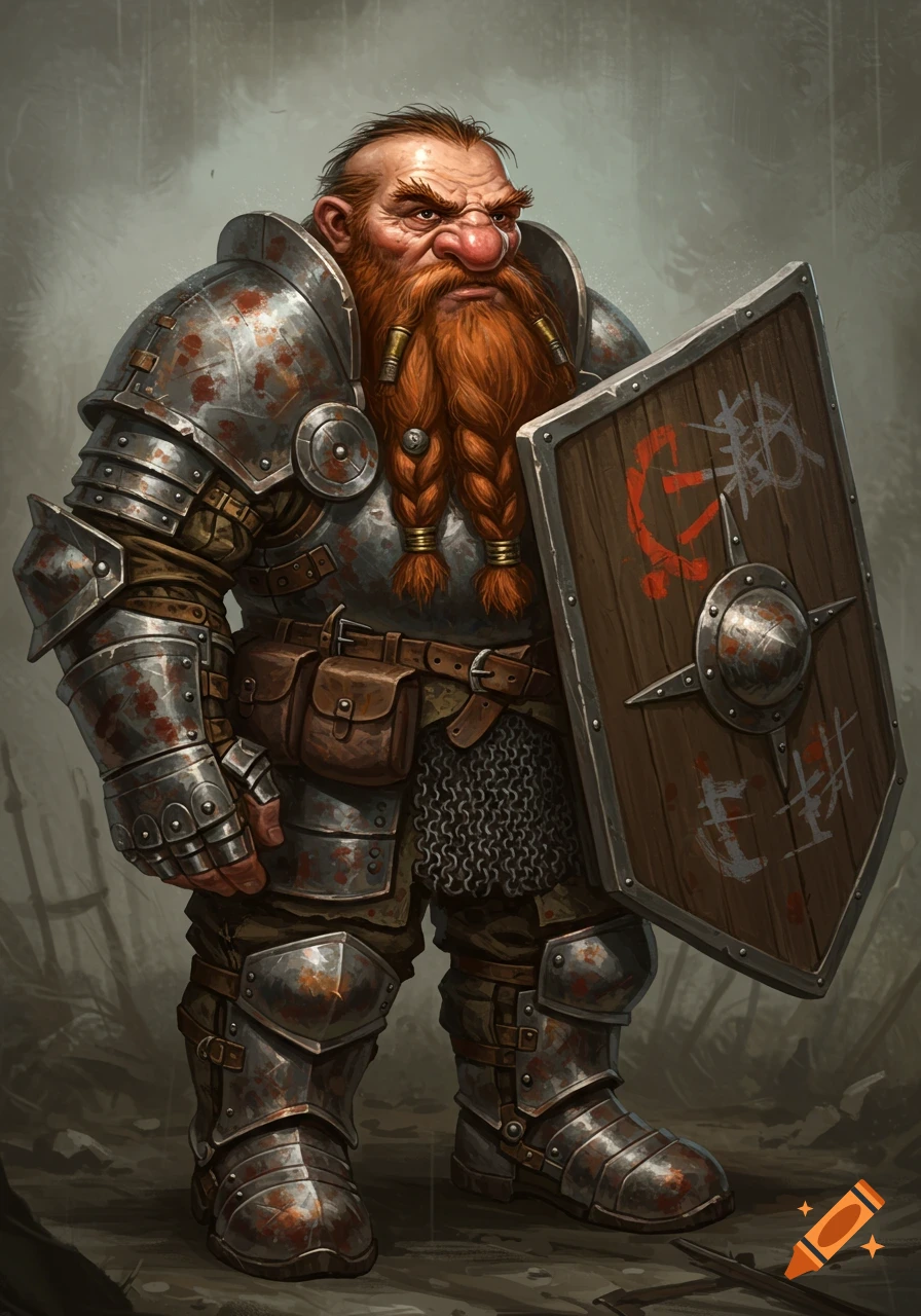 A heavily armored, red-bearded dwarf warrior with a large wooden shield ...