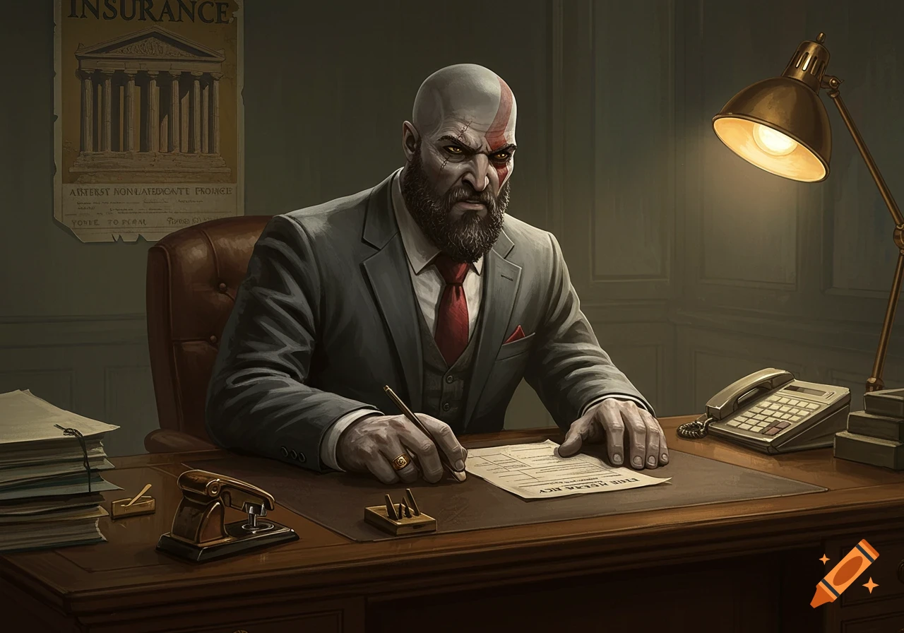 Kratos from God of War, dressed in a suit, sits at an office desk and ...