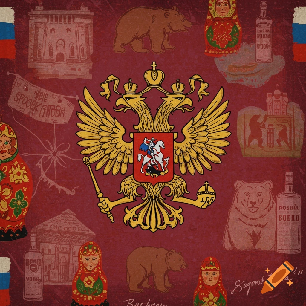 A stylized illustration featuring the golden Russian double-headed ...