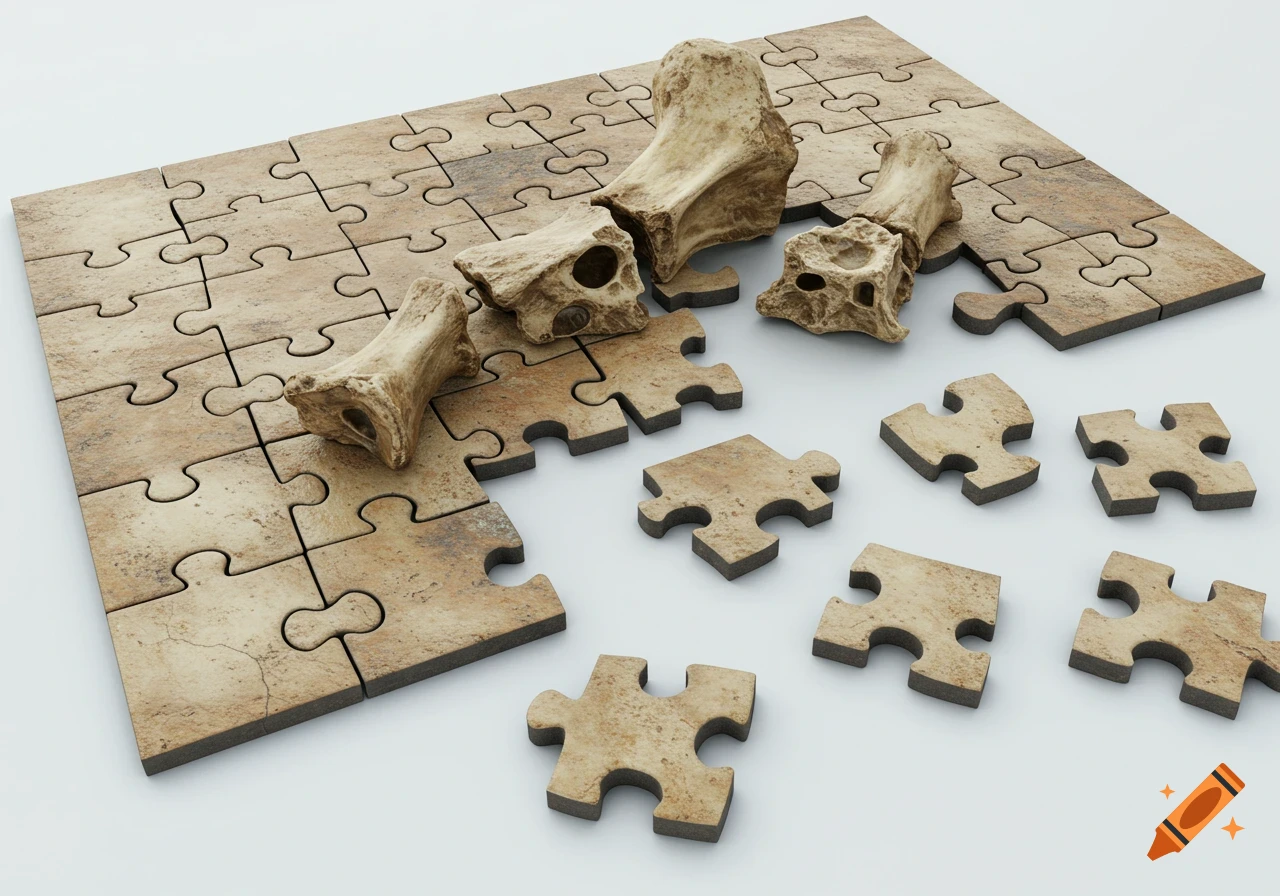 A hyperrealistic image of a jigsaw puzzle made of bone-like pieces ...
