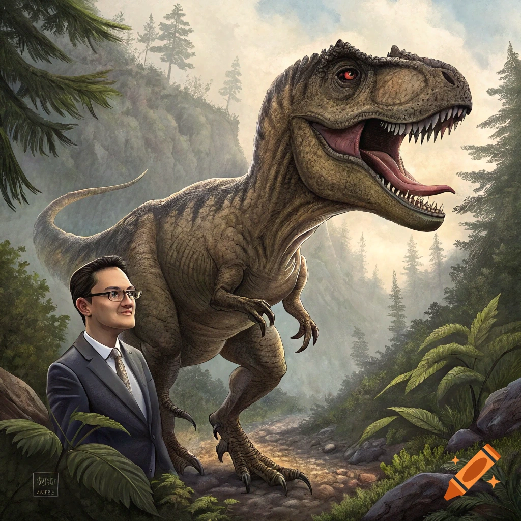 Photorealistic image of a man in a suit standing next to a roaring T ...