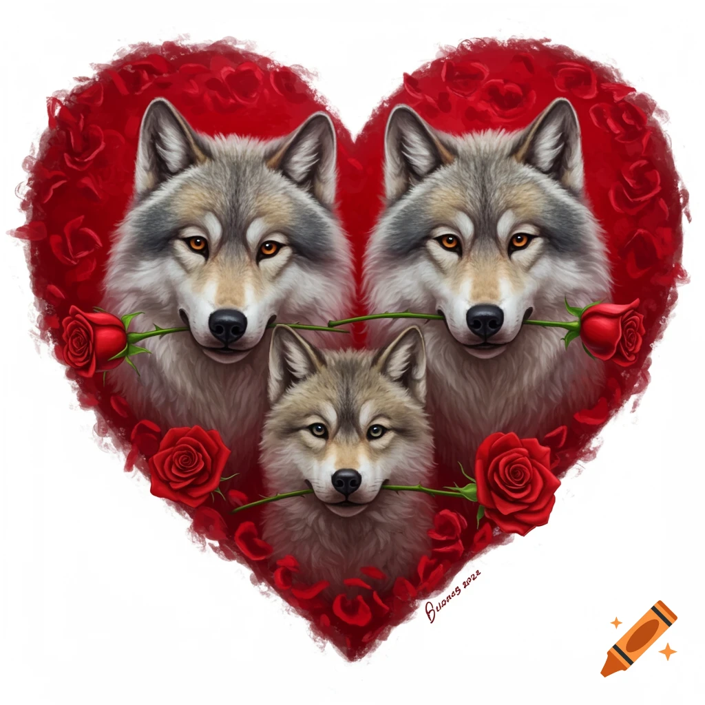 Three wolves, two adult and one cub, hold red roses in their mouths, framed by a heart shape ...