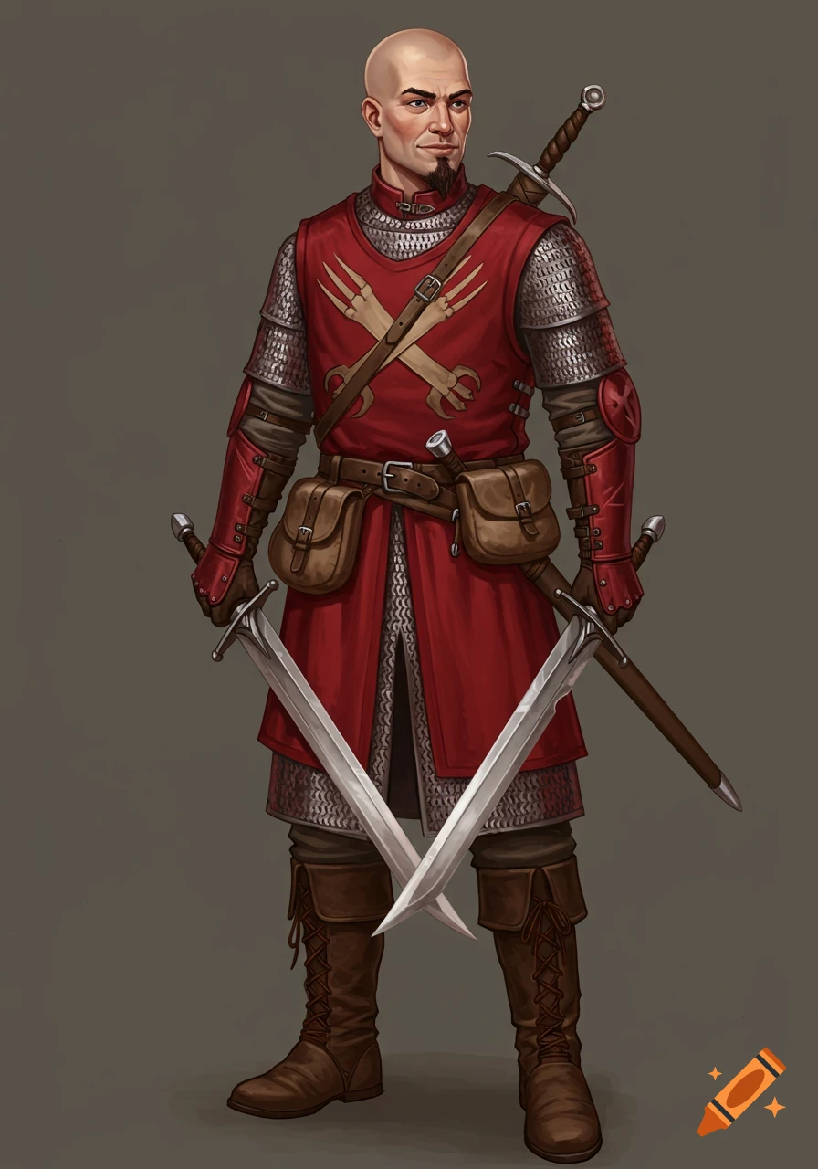 A bald male warrior in red and chainmail armor holds two swords crossed ...
