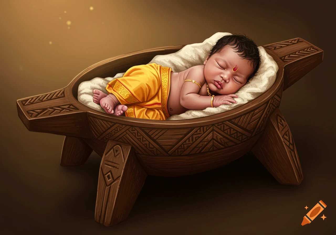A newborn baby dressed in yellow South Indian attire sleeps peacefully ...