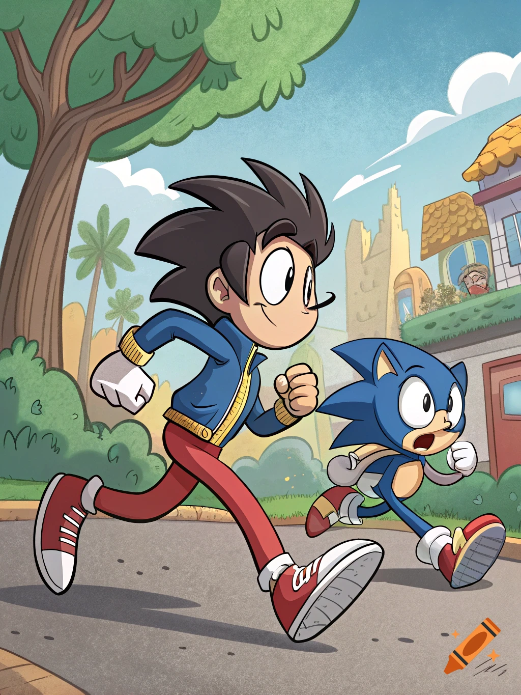Cartoon illustration of Eric Needles and Sonic the Hedgehog running on ...