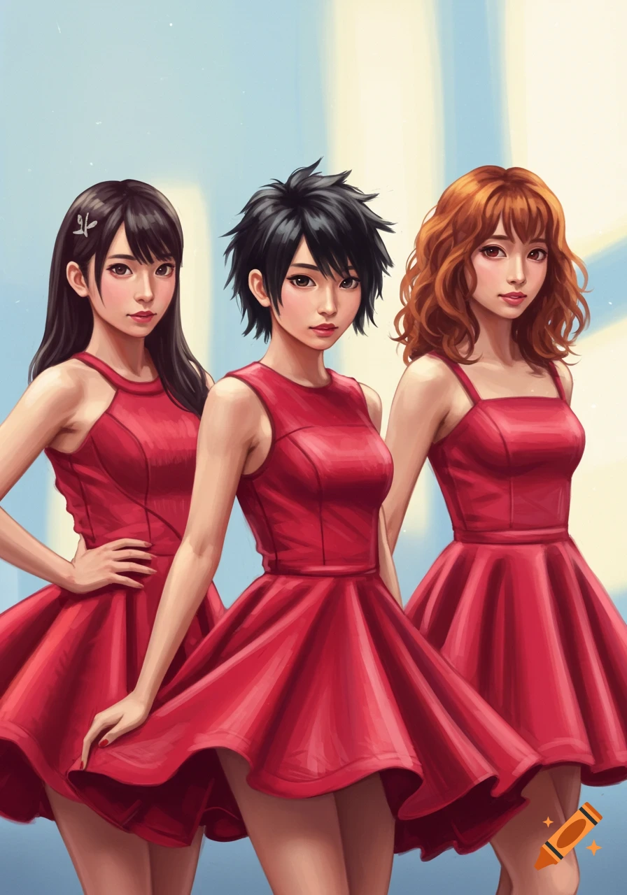 Three stylized anime-style women with different hairstyles in red ...