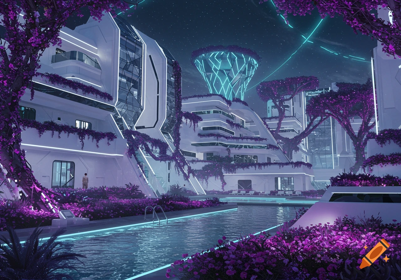 A futuristic sci-fi resort at night, featuring white buildings with ...