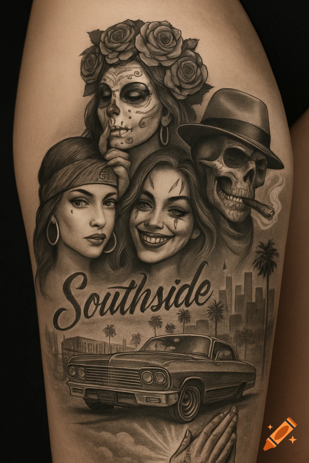 Black and grey Chicano-style tattoo featuring a La Catrina figure ...