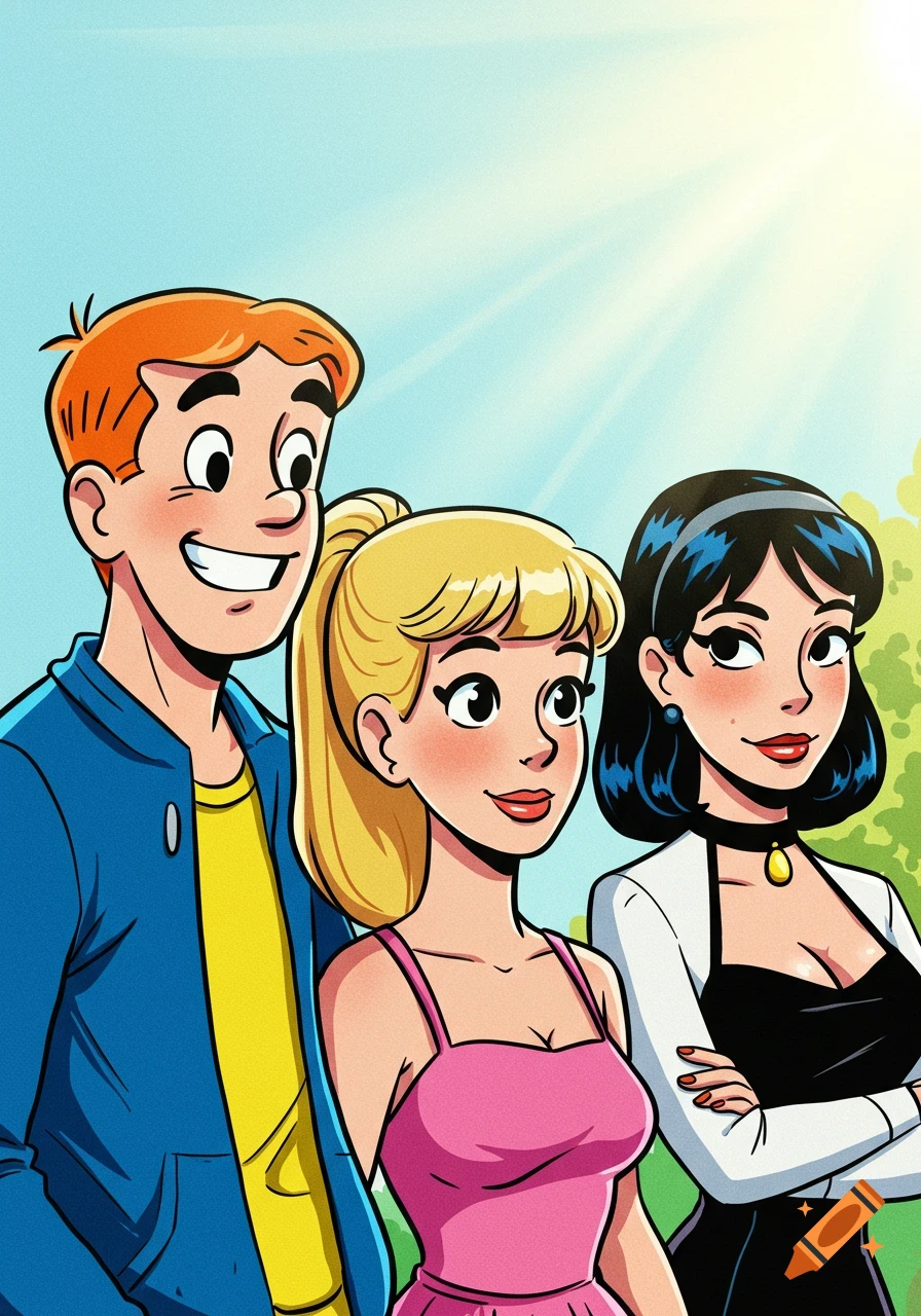 Cartoon of Archie, Betty, and Veronica smiling outdoors in classic ...