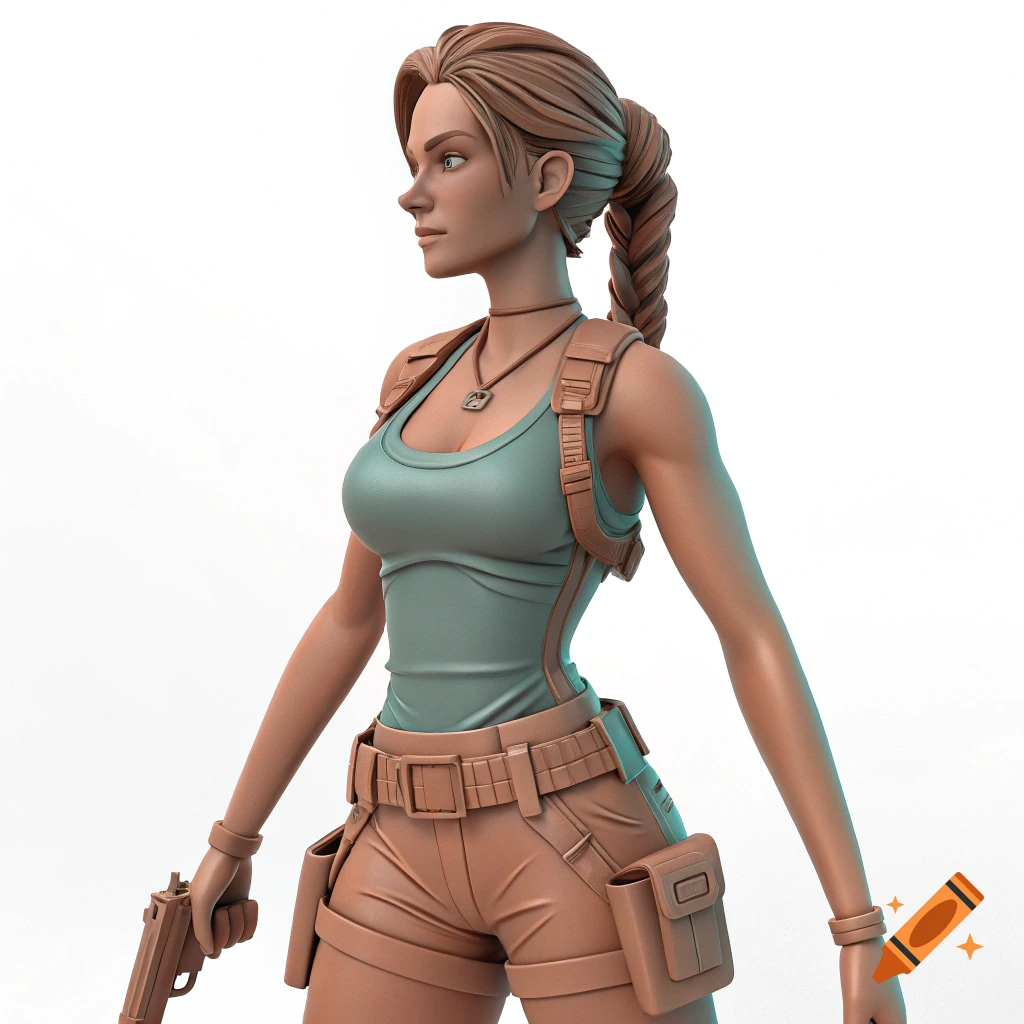 A stylized 3D render of Lara Croft wearing a teal tank top and brown ...