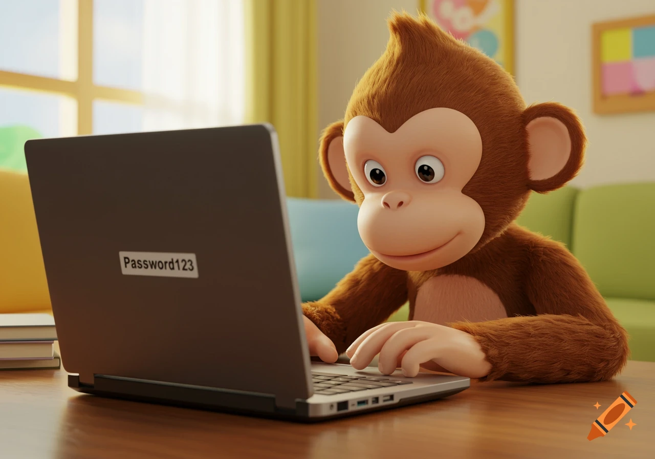 A cartoon monkey sits at a laptop with "Password123" visible on the ...