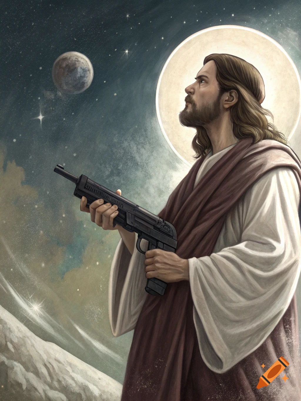 Jesus, with a halo and robes, holds a futuristic black gun in a starry ...